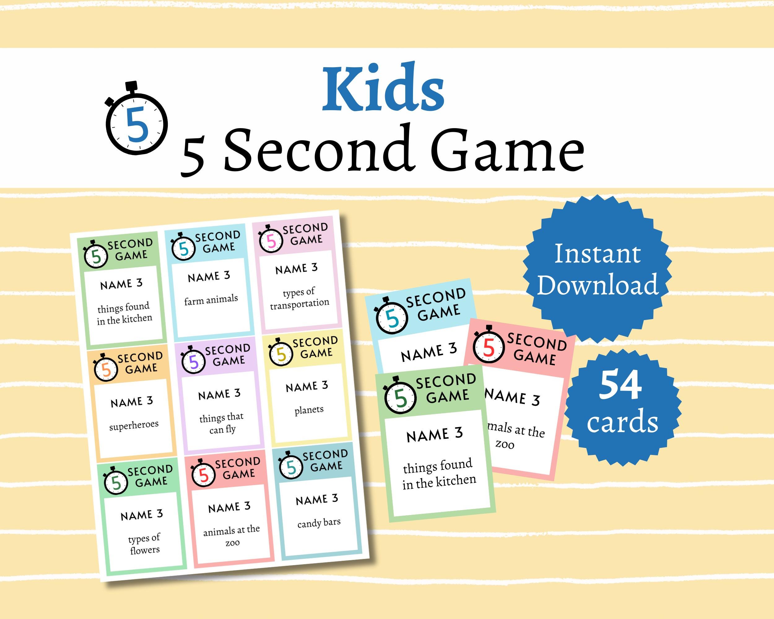 Kids 5 Second Game, Printable Think Fast Party Game for Children ...