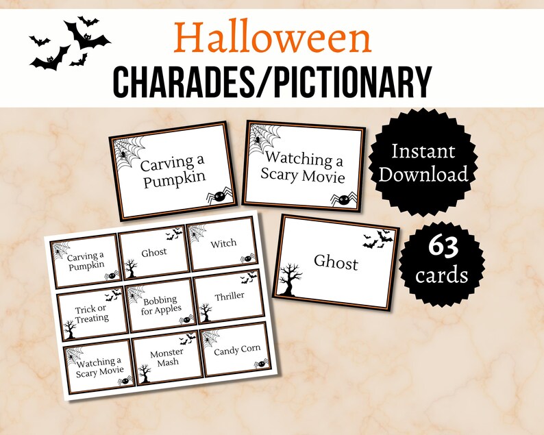 Halloween Charades Cards, Printable Halloween Pictionary Game, October ...
