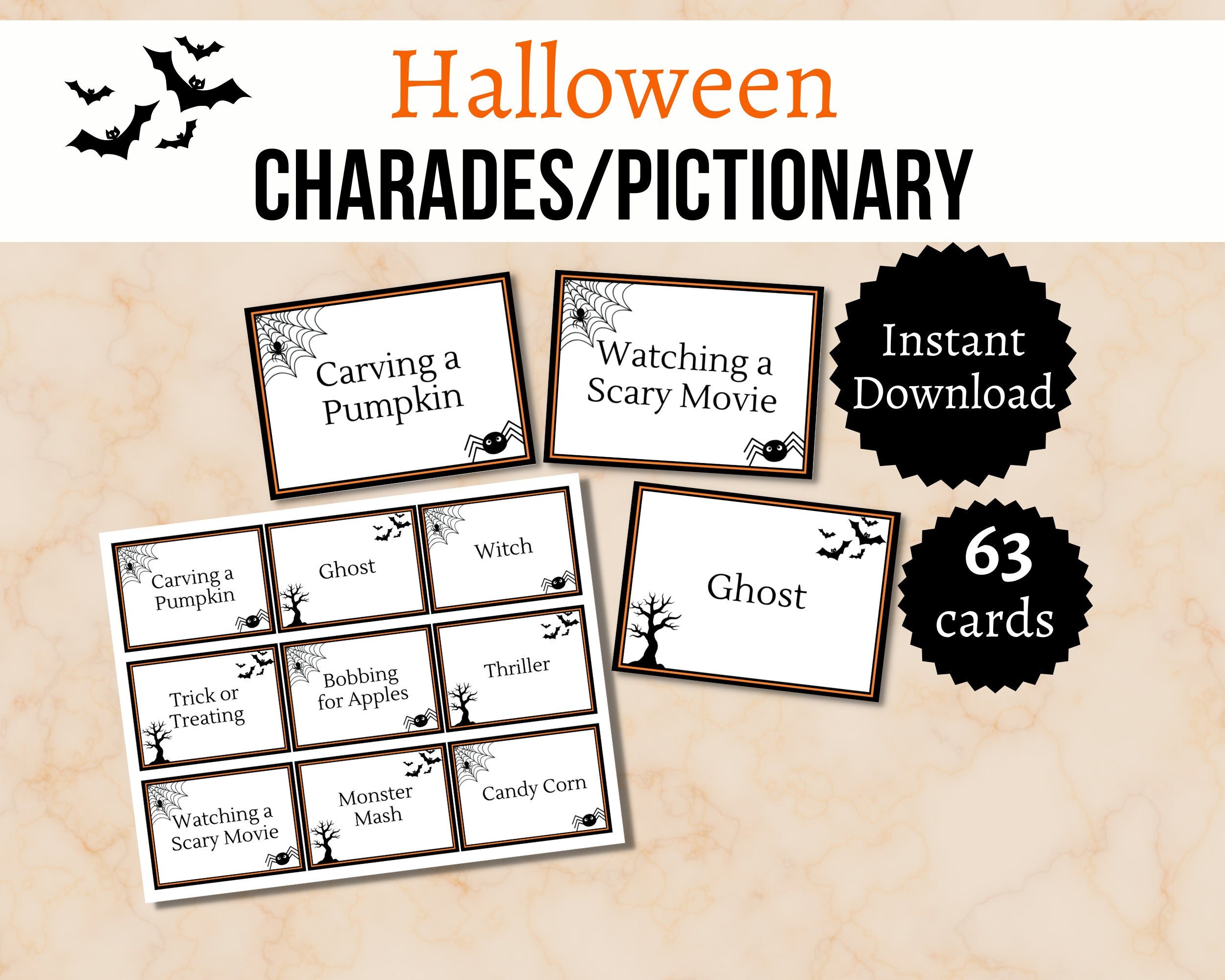 Halloween Charades Cards, Printable Halloween Pictionary Game, October ...