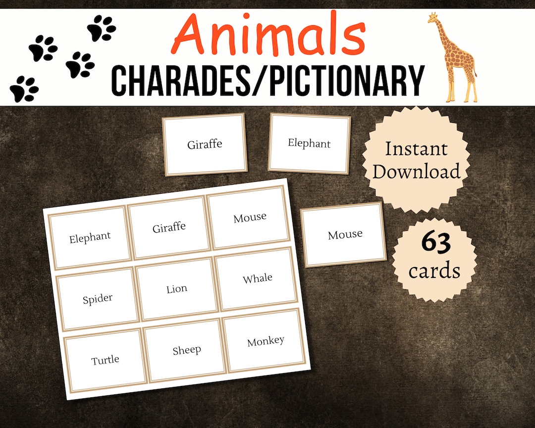 Animal Charades Cards, Printable Animal-themed Pictionary, Animal Party ...