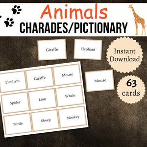Animal Charades Cards, Printable Animal-themed Pictionary, Animal Party ...