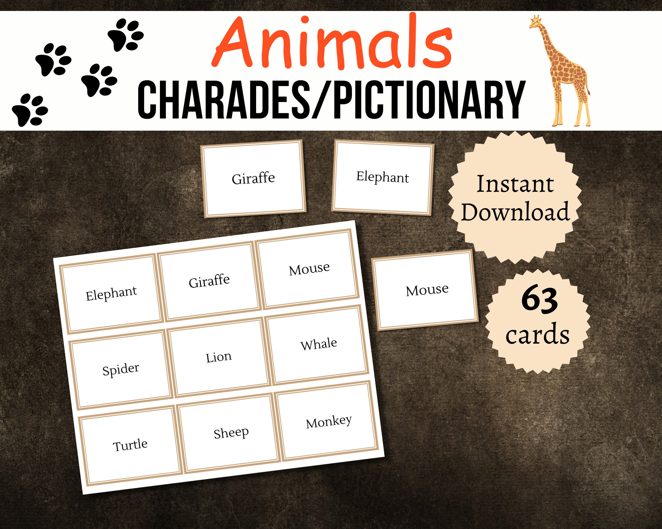 Animal Charades Cards, Printable Animal-themed Pictionary, Animal Party ...
