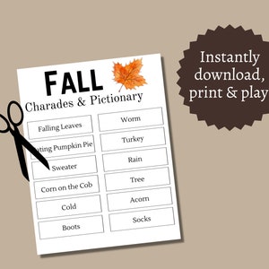 Fall Charades Game, Printable Autumn Pictionary Cards, Fall Party Game ...