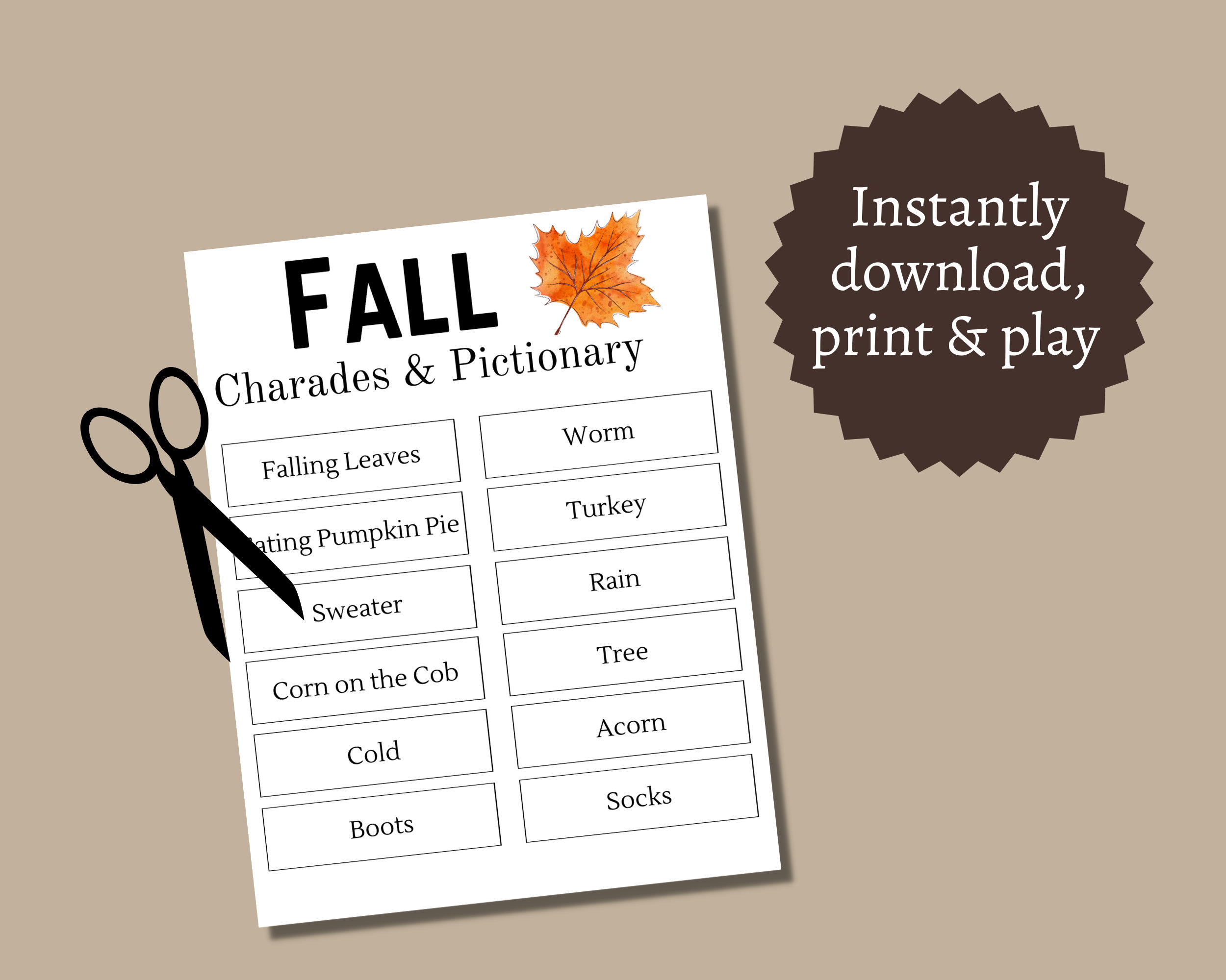 Fall Charades Game, Printable Autumn Pictionary Cards, Fall Party Game ...