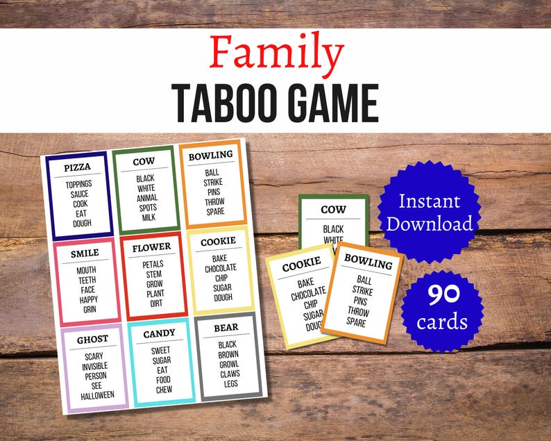 Family Taboo Game, Printable Card Game for Kids, Teens, and Adults ...