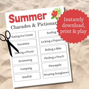 Summer Charades and Pictionary Cards, Printable Summer Game for Kids ...