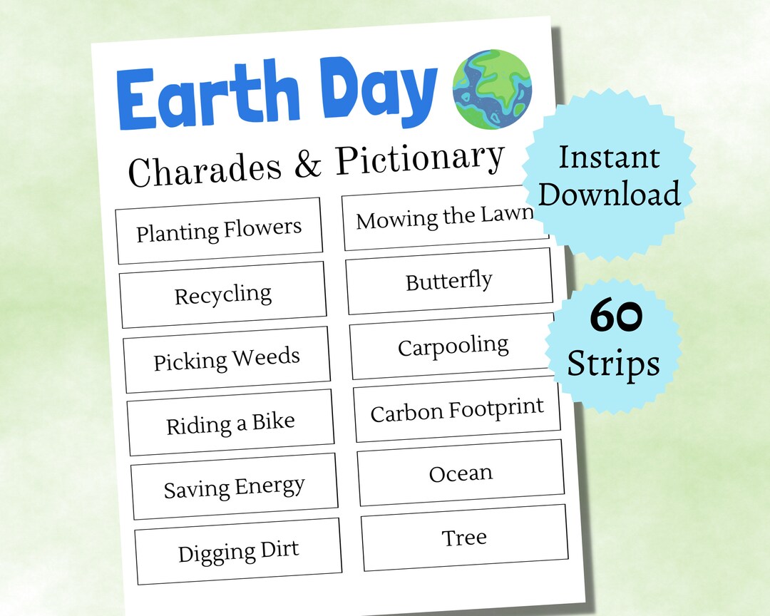 Earth Day Charades and Pictionary, Printable Earth Day Party Games for ...