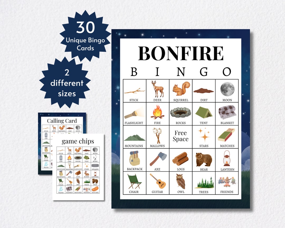 Bonfire Bingo Cards, Printable Camping Game for Kids, Teens, and Adults ...