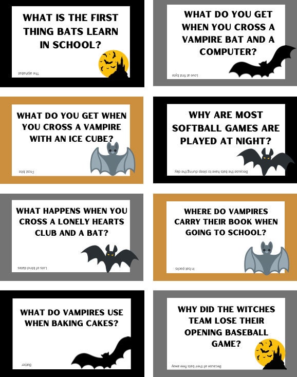 Bat Joke Cards, Printable Halloween Lunchbox Notes for Kids, Funny ...
