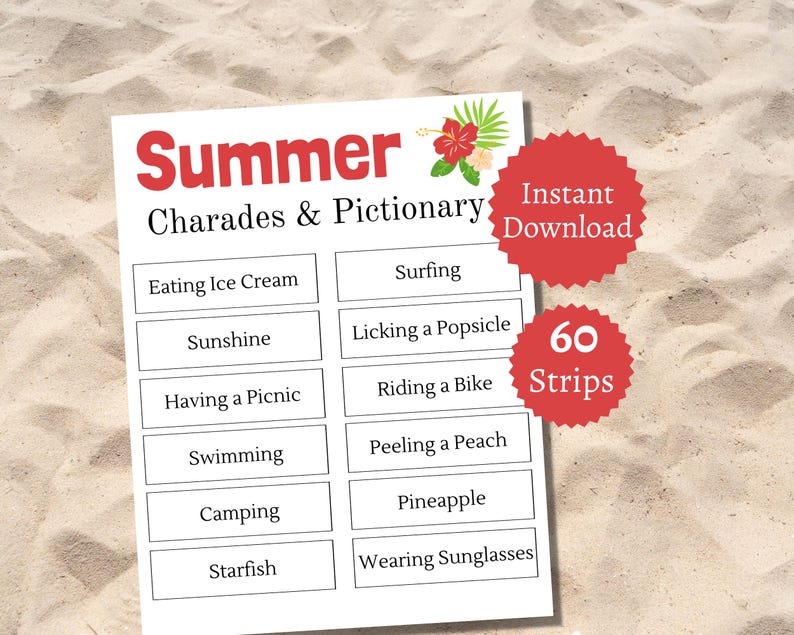 Summer Charades and Pictionary Cards, Printable Summer Game for Kids ...