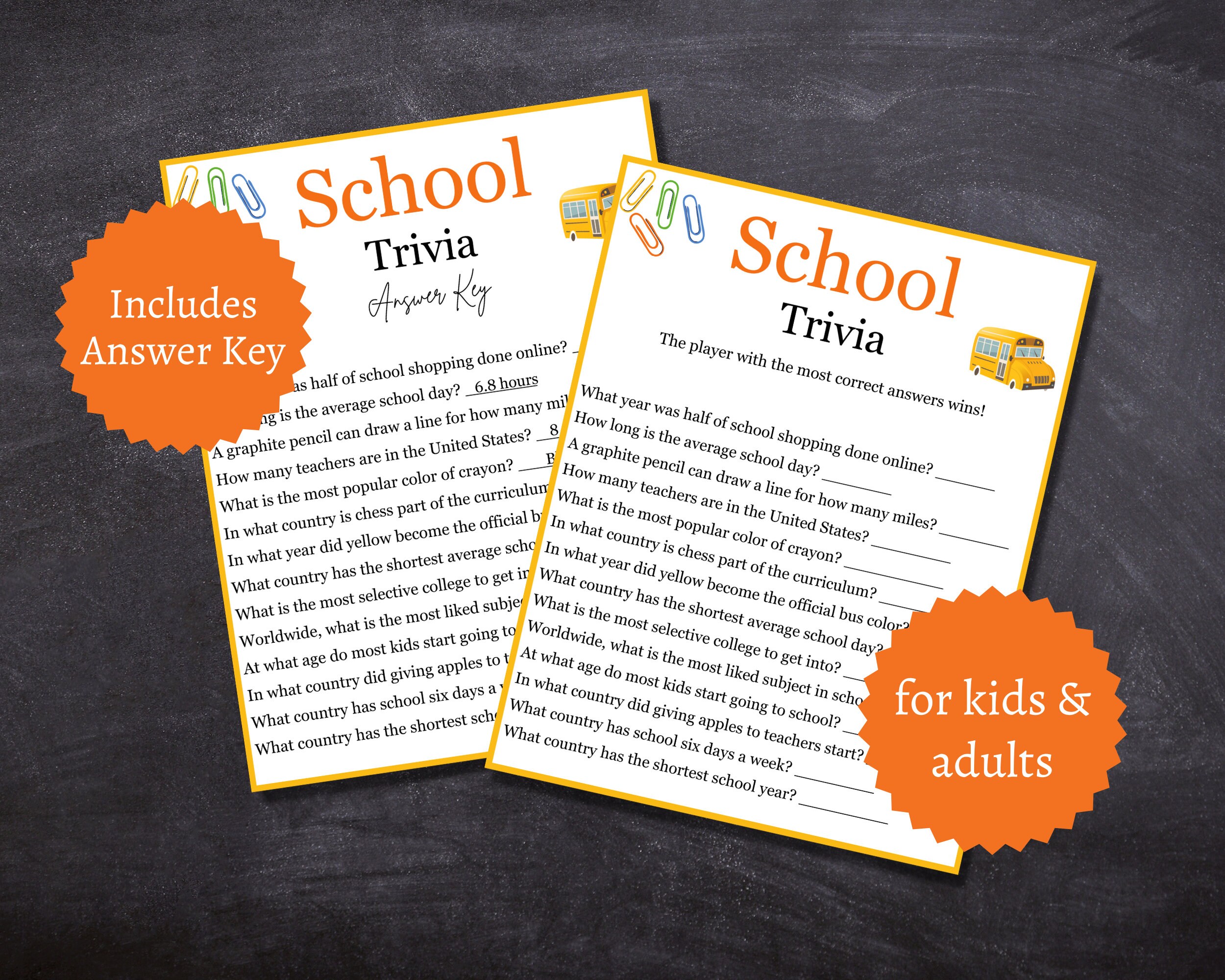 School-themed Trivia Game, Printable Classroom Activity for Kids and ...