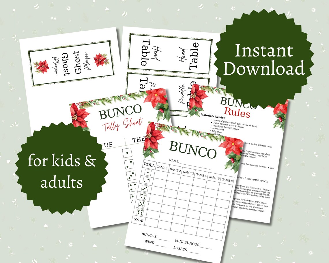Christmas Bunco Cards, Holiday Party Game, Printable December Dice ...