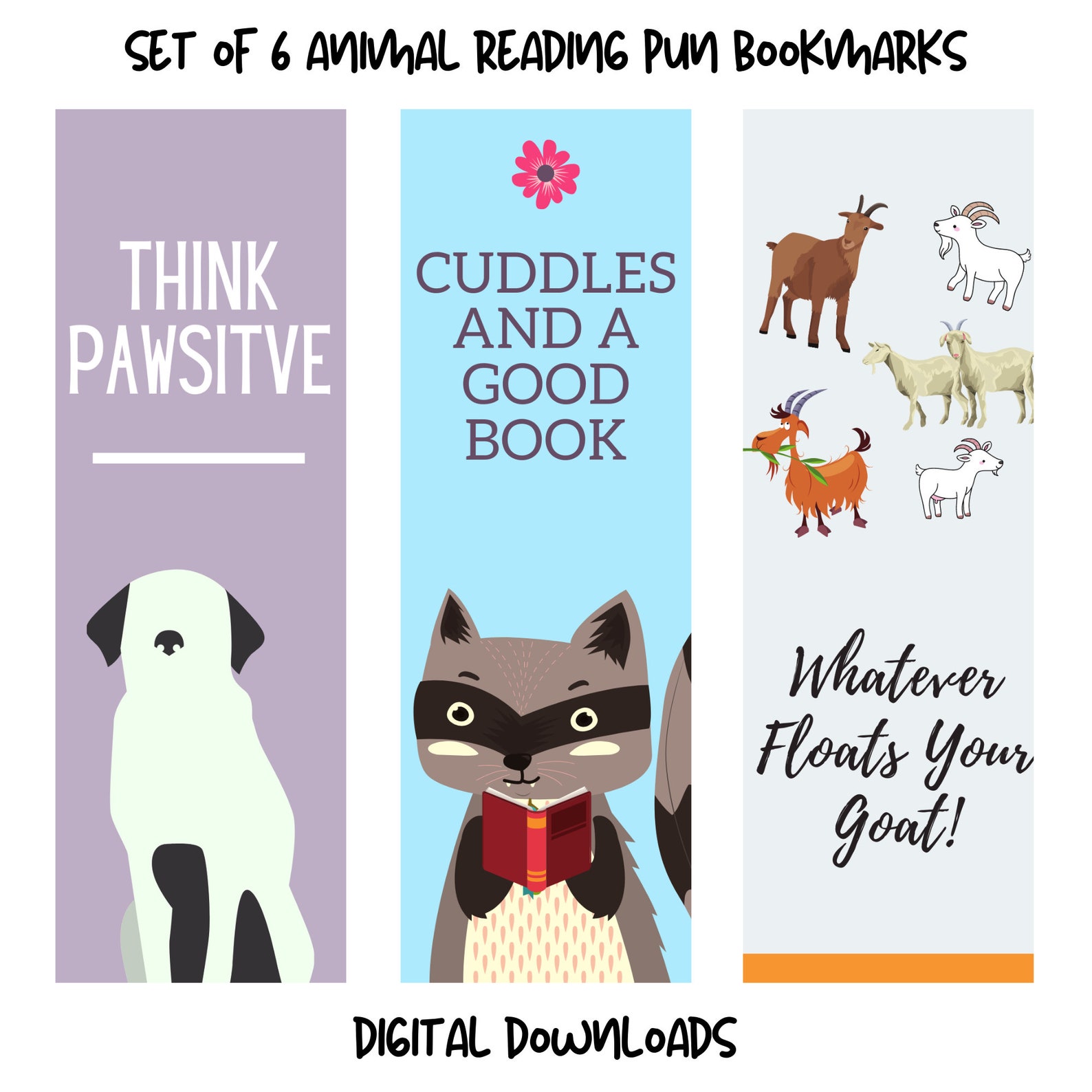 Set of 6 Animal Bookmarks reading puns quotes DIGITAL - Etsy Italia