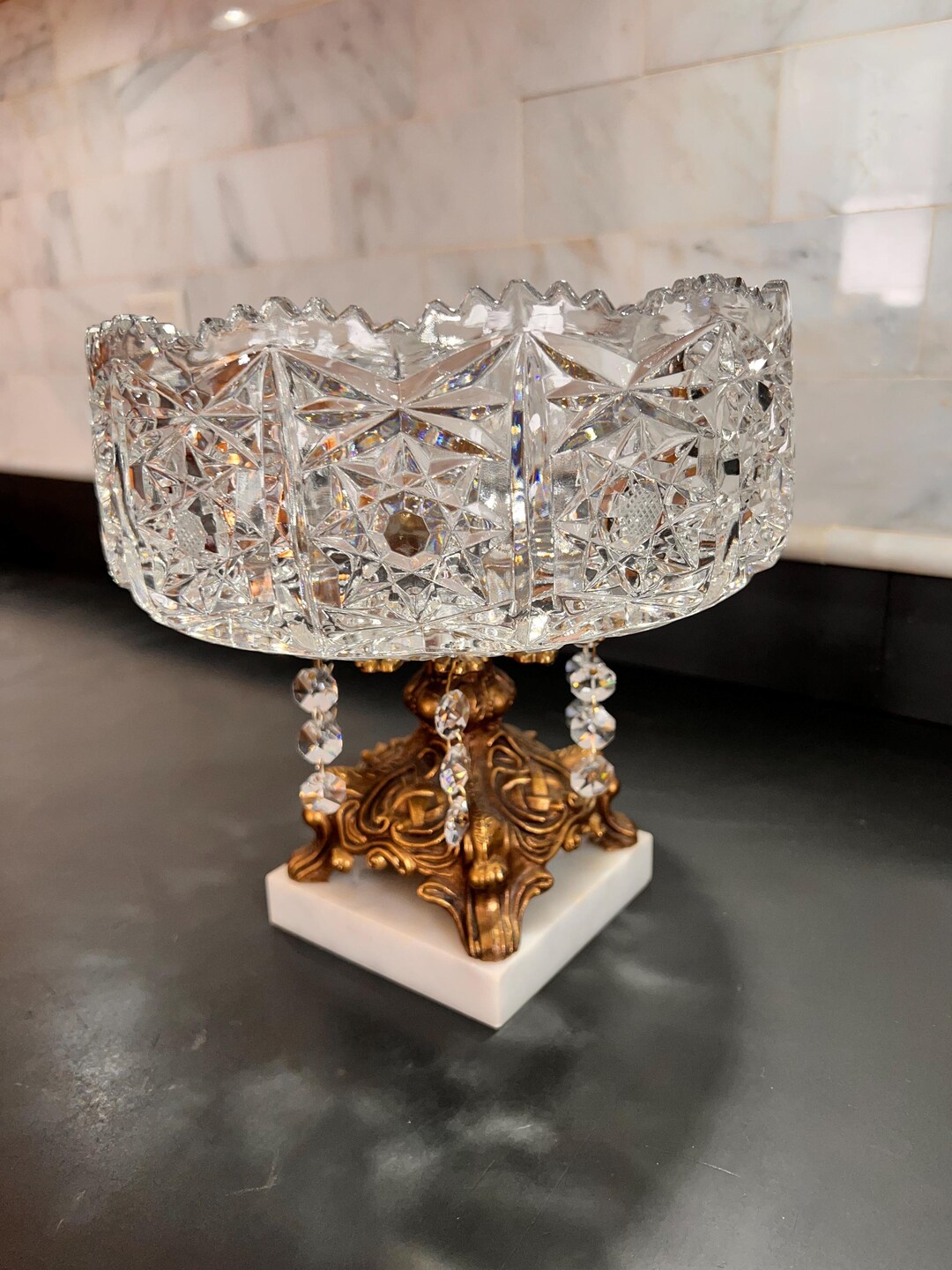 8” Crystal Bowl on Brass Pedestal and Marble Base With Prisms, Elegant ...