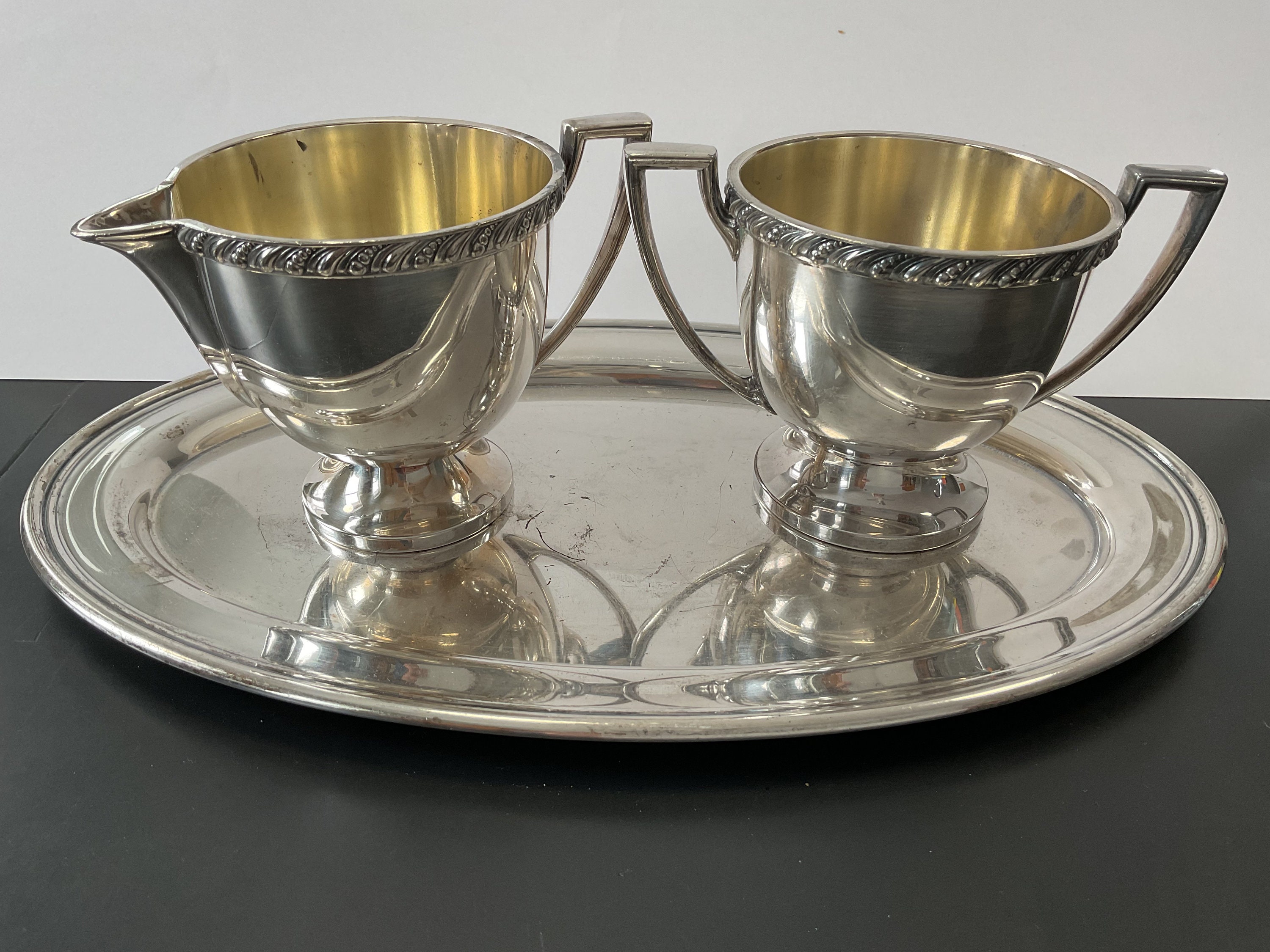 Vintage Silverplate Creamer and Sugar Bowl by Wm Rogers, Tray by ...