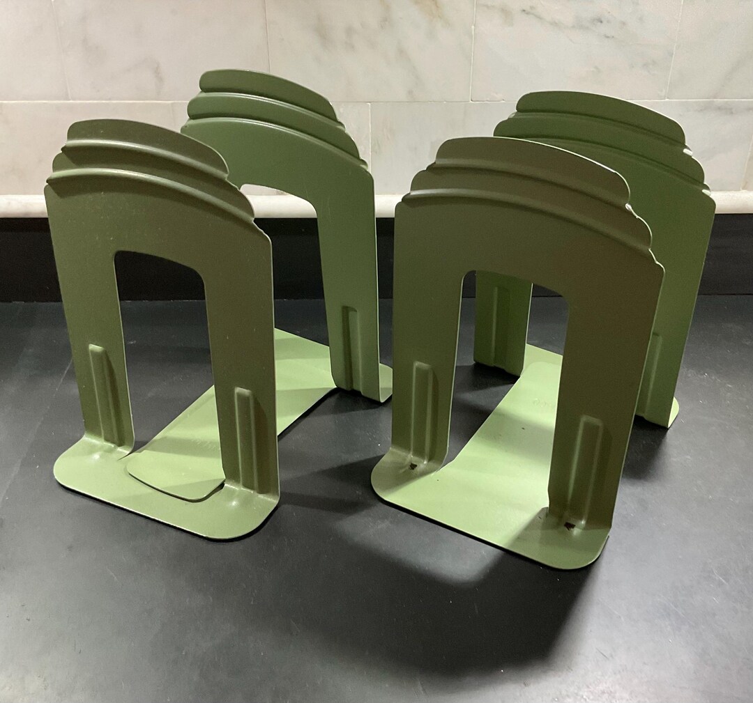 Two Sets of DEMCO Metal Library Bookends, Vintage Sage Green Deco-style ...