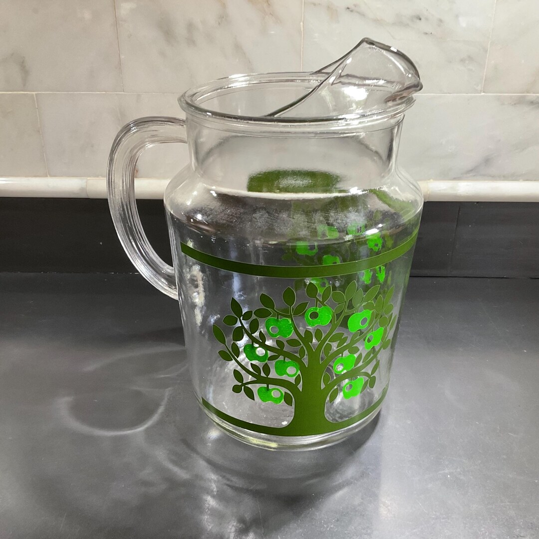 Vintage Glass Pitcher With Green Apple Tree Design Signed “colony ...