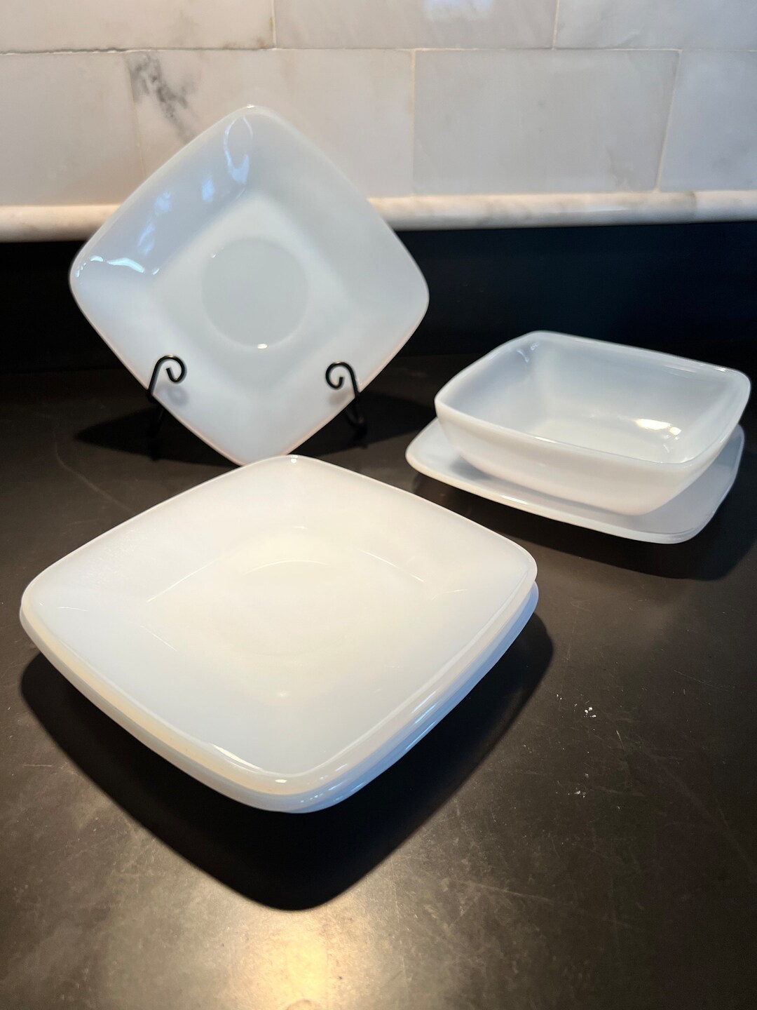 Fire King Azurite Pale Blue Saucers and Bowl, Charm Pattern, Vintage ...