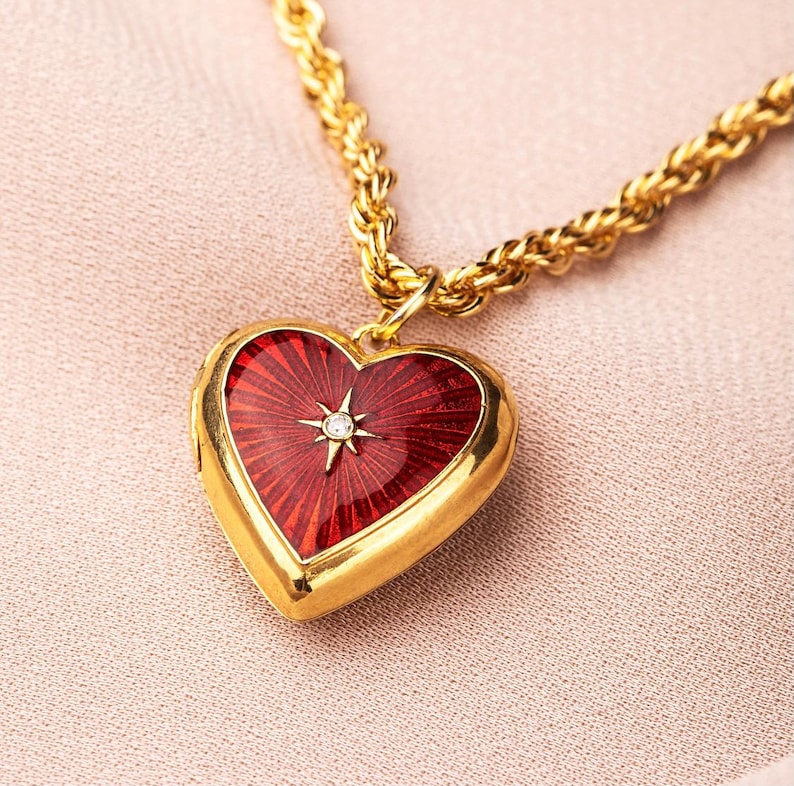 Vintage Style Red Enamel Heart Locket Necklace - Artisan Collection - Etsy