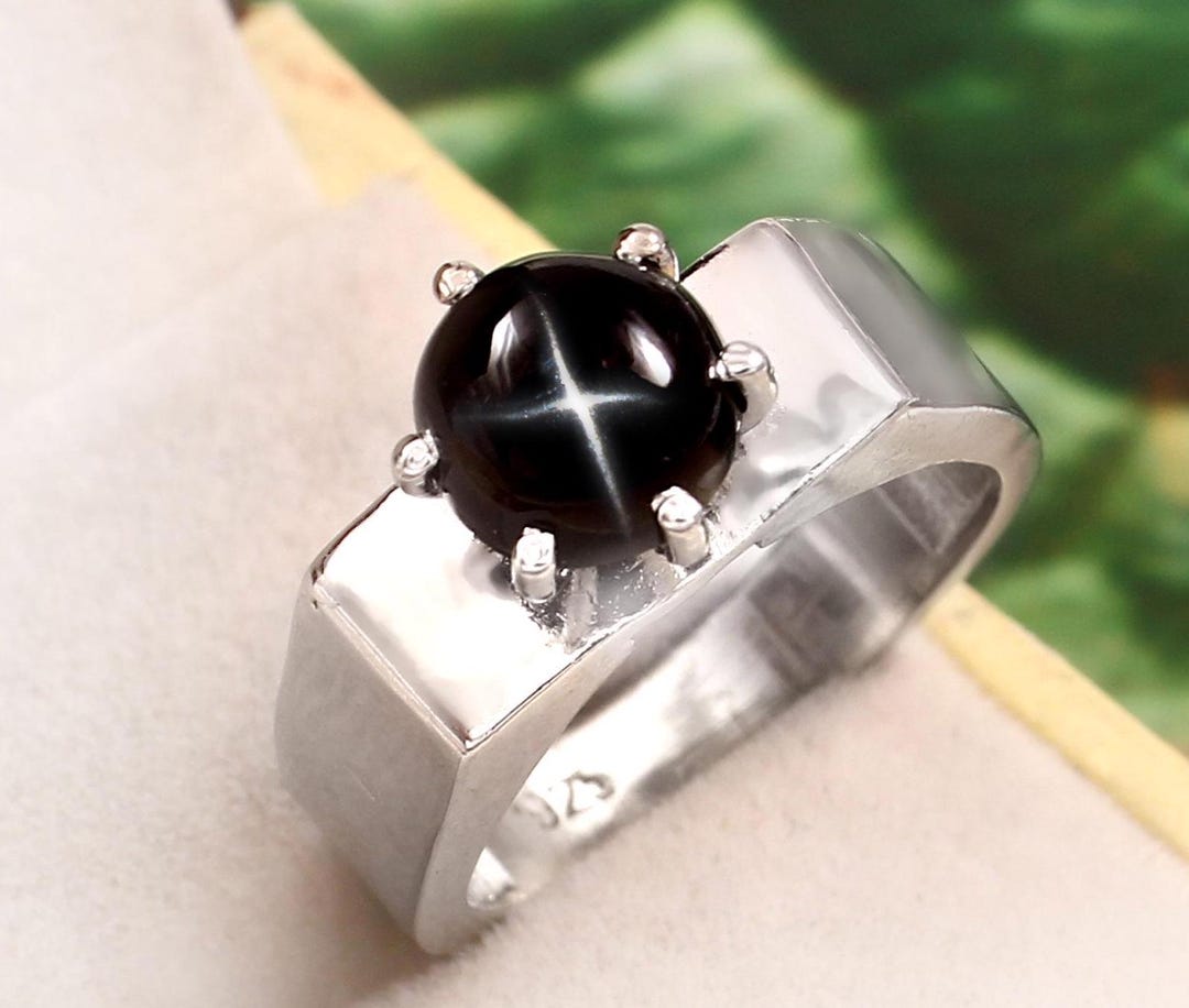 Round Shape Black Star Sapphire Ring , 925 Sterling Silver Ring Black ...