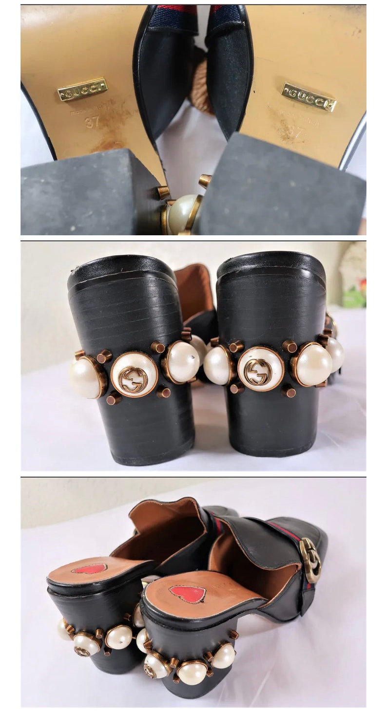 GUCCI Marmont Black Leather Pearls GG Metal Mules Shoes Sandals Sz 37 7 ...