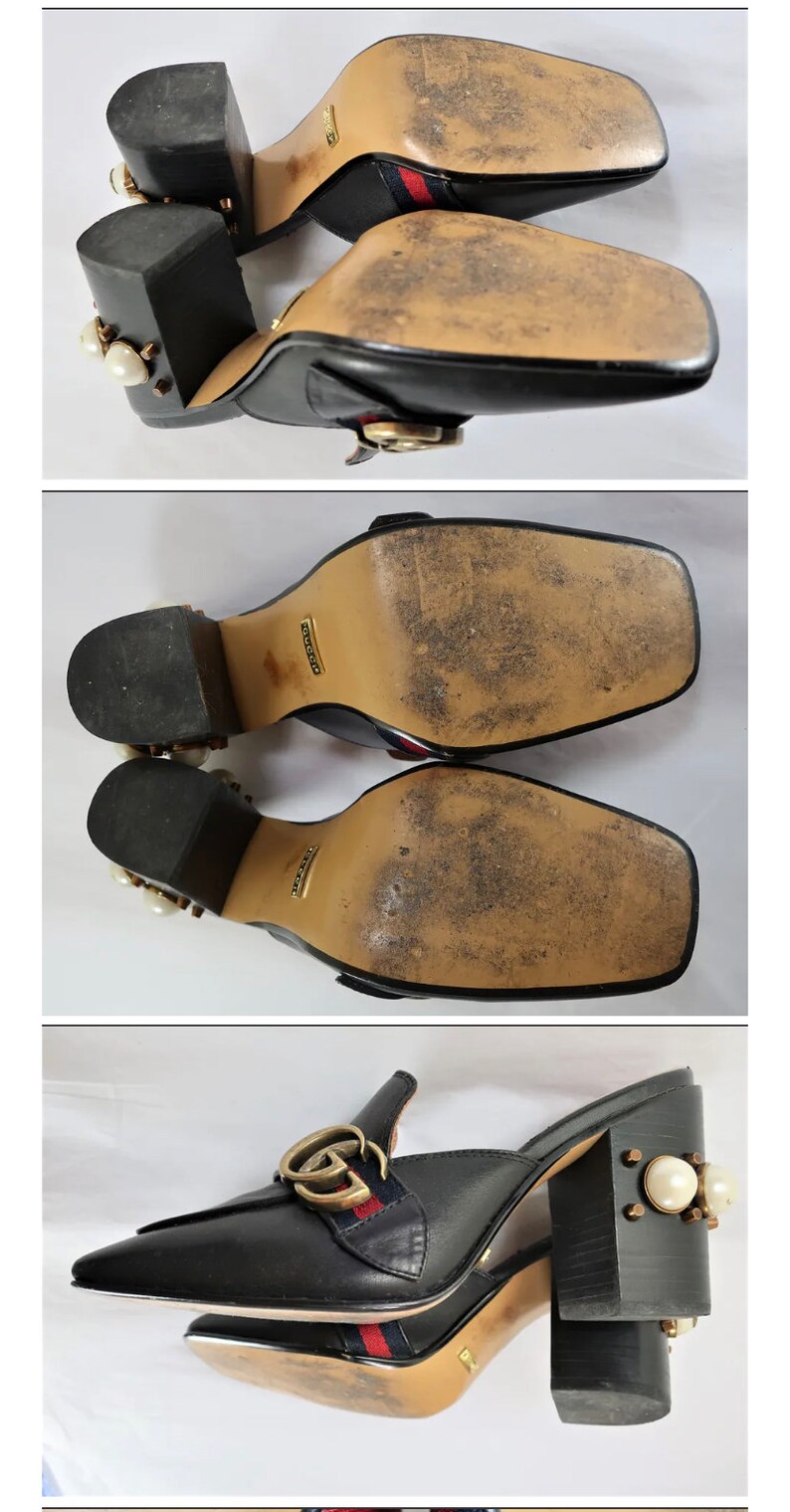 GUCCI Marmont Black Leather Pearls GG Metal Mules Shoes Sandals Sz 37 7 ...