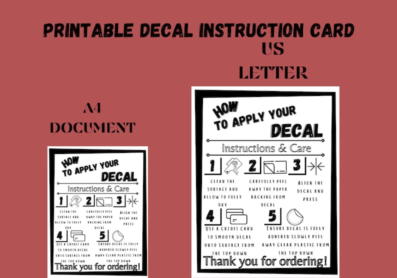 Printable Decal Instruction Card, Comes in US LETTER and A4 Document ...