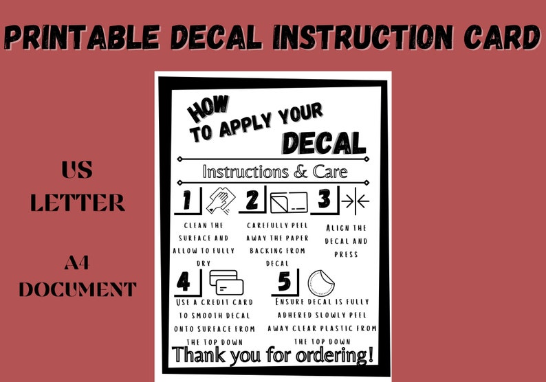 Printable Decal Instruction Card, Comes in US LETTER and A4 Document ...