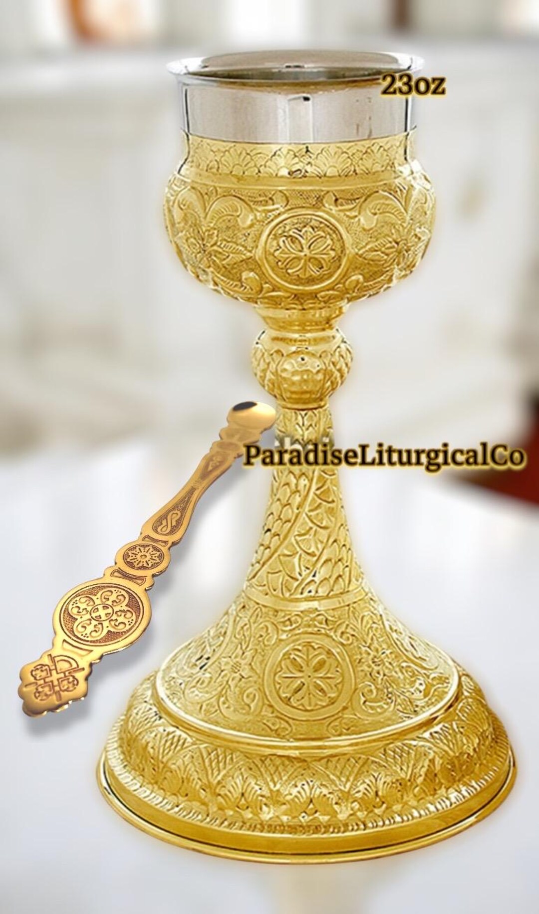 Orthodox Chalice Cup Communion Golden Brass Christian Church & Spoon ...