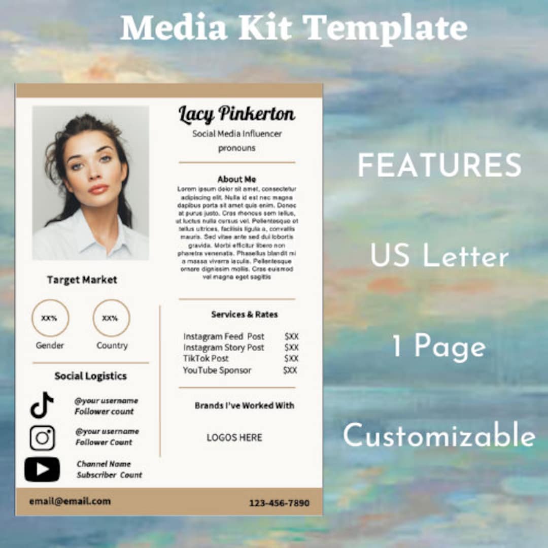 1 Page Media Kit Template | 1 Page Influencer Kit Template | 1 Page ...