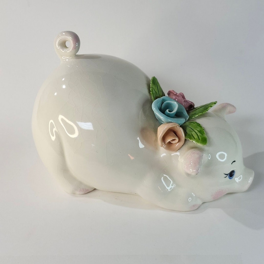 White Ceramic Crouching Pig Figurine With Yellow Blue Pink Flowers ...