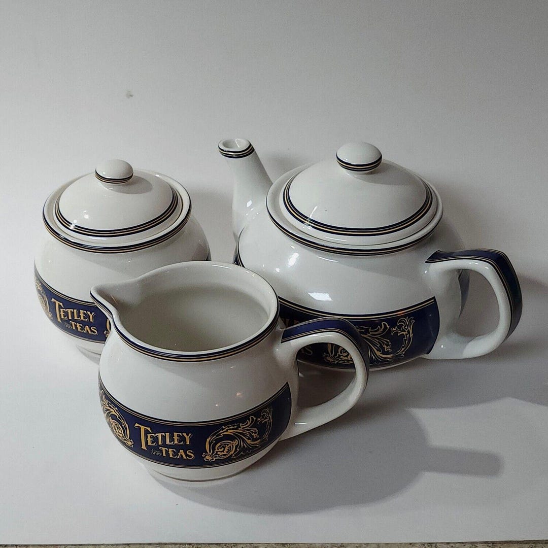 Tetley Vintage 1980s 3 Pc Tea Set Teapot W Lid Creamer Sugar Bowl W Lid ...