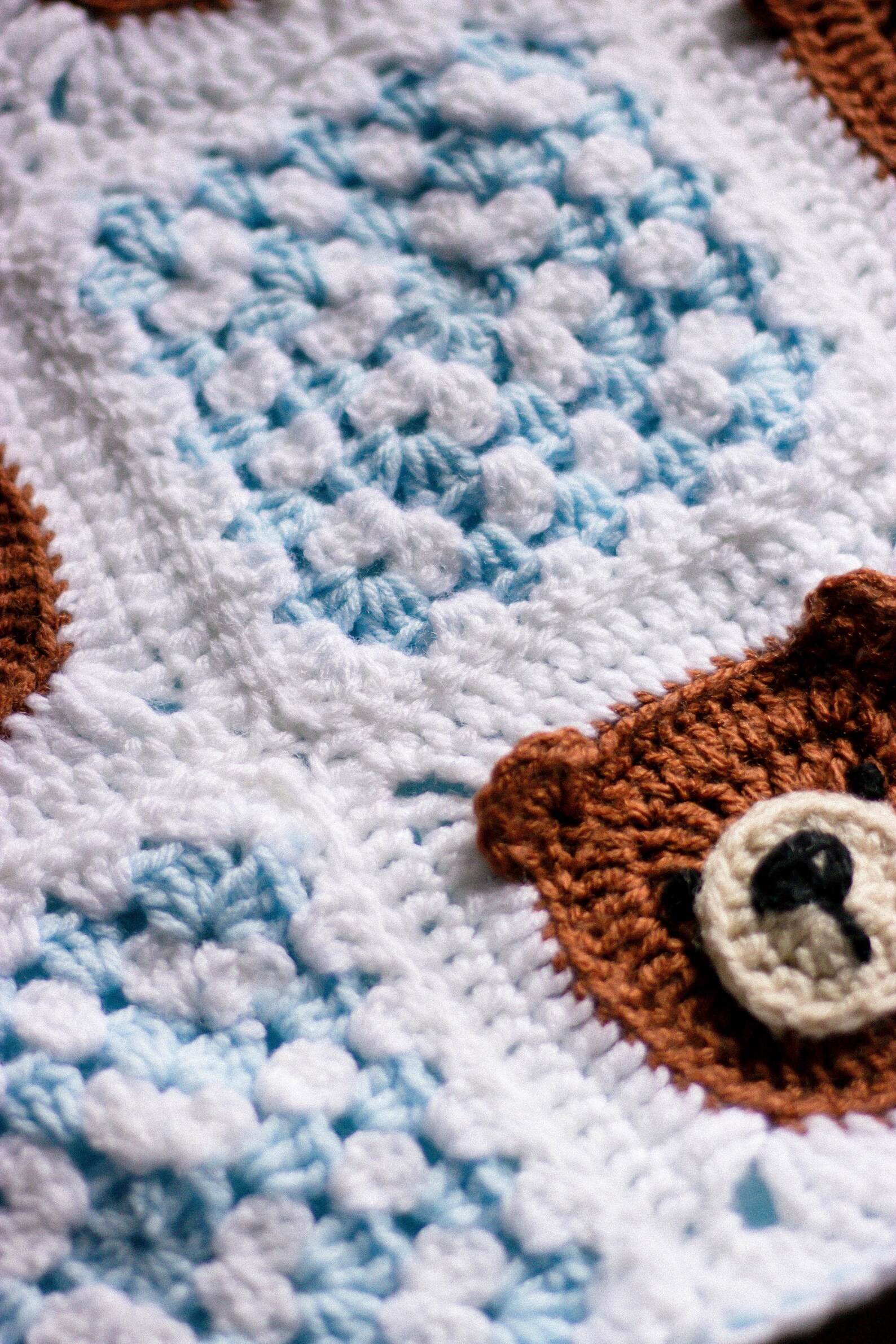 Handmade Crochet Baby Blanket With Brown Bears - White & Blue, Soft and ...