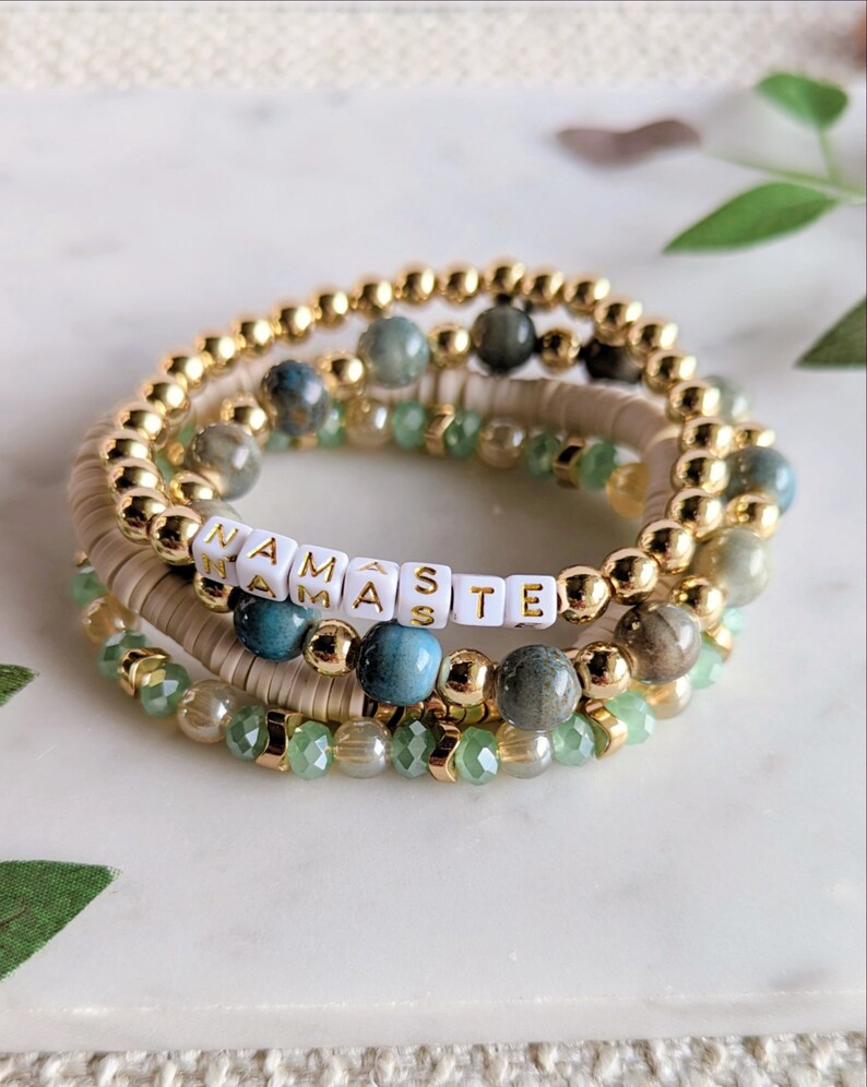 Customizable; 14k Gold Beaded Namaste Mantra Bracelet Set/ Blue/ Gold ...