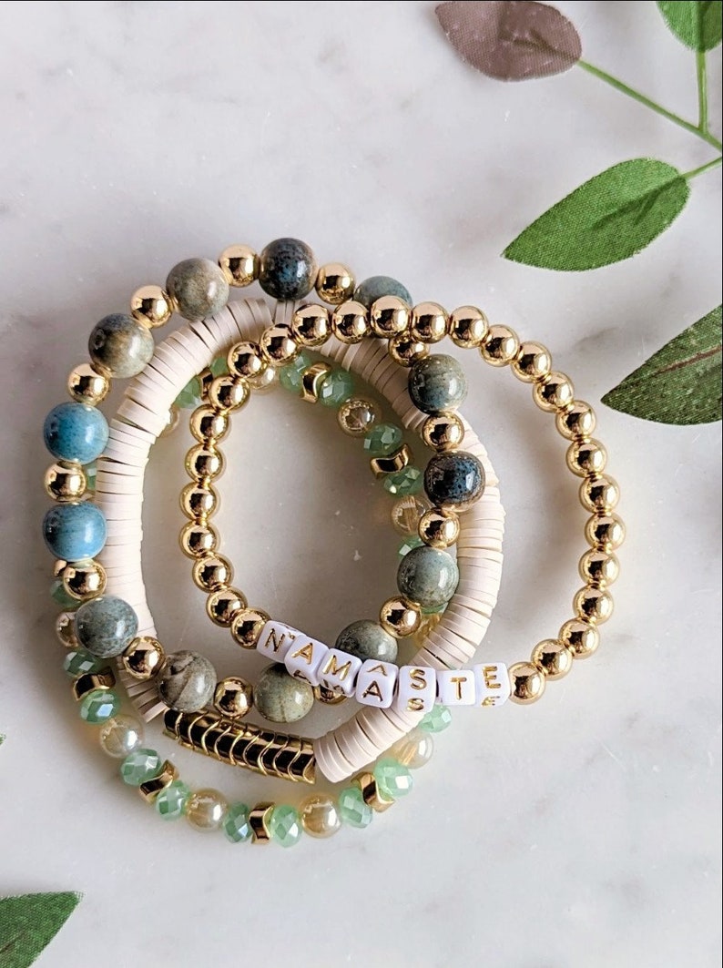 Customizable; 14k Gold Beaded Namaste Mantra Bracelet Set/ Blue/ Gold ...
