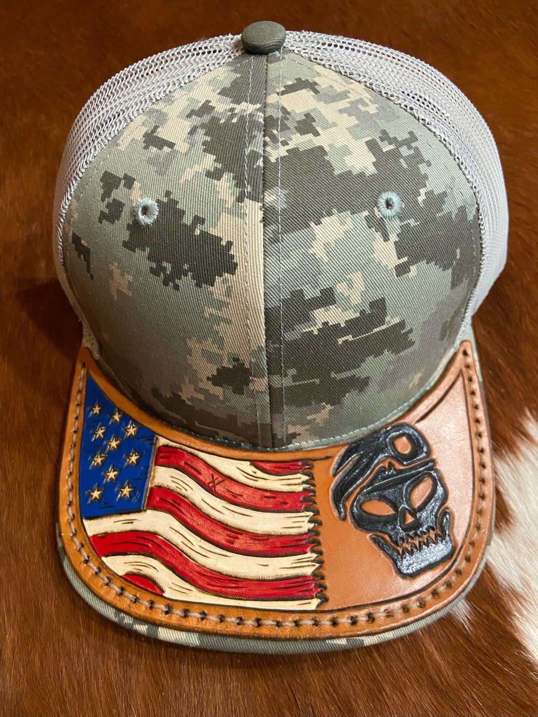 Merica/skull Leather Billed Hat - Etsy