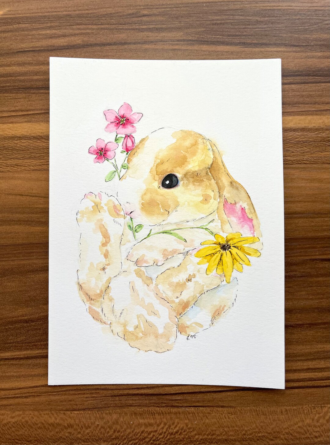 Spring Rabbit and Flowers Cute Animal Floral Watercolor Original 5” X 7 ...