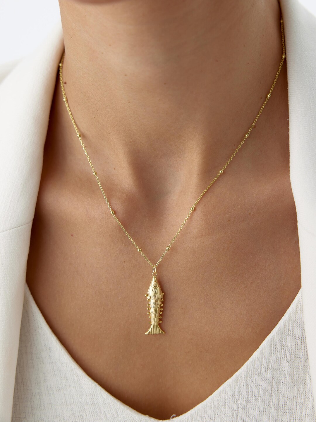 14K Gold Movable Fish Necklace, Pave Fish Necklace, Pisces Necklace ...