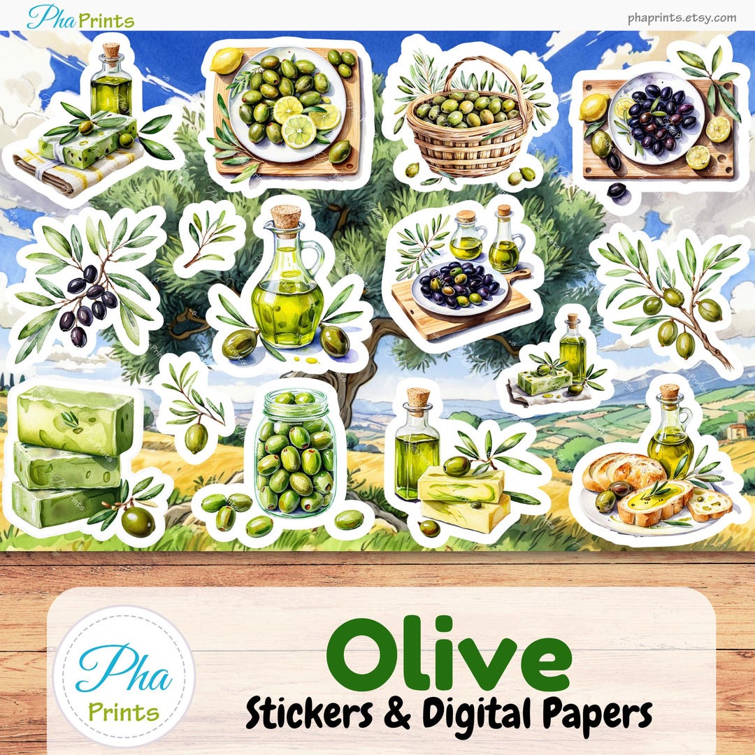 Olive Sticker Sheet and Digital Paper Set, Ready to Print, Scrap ...