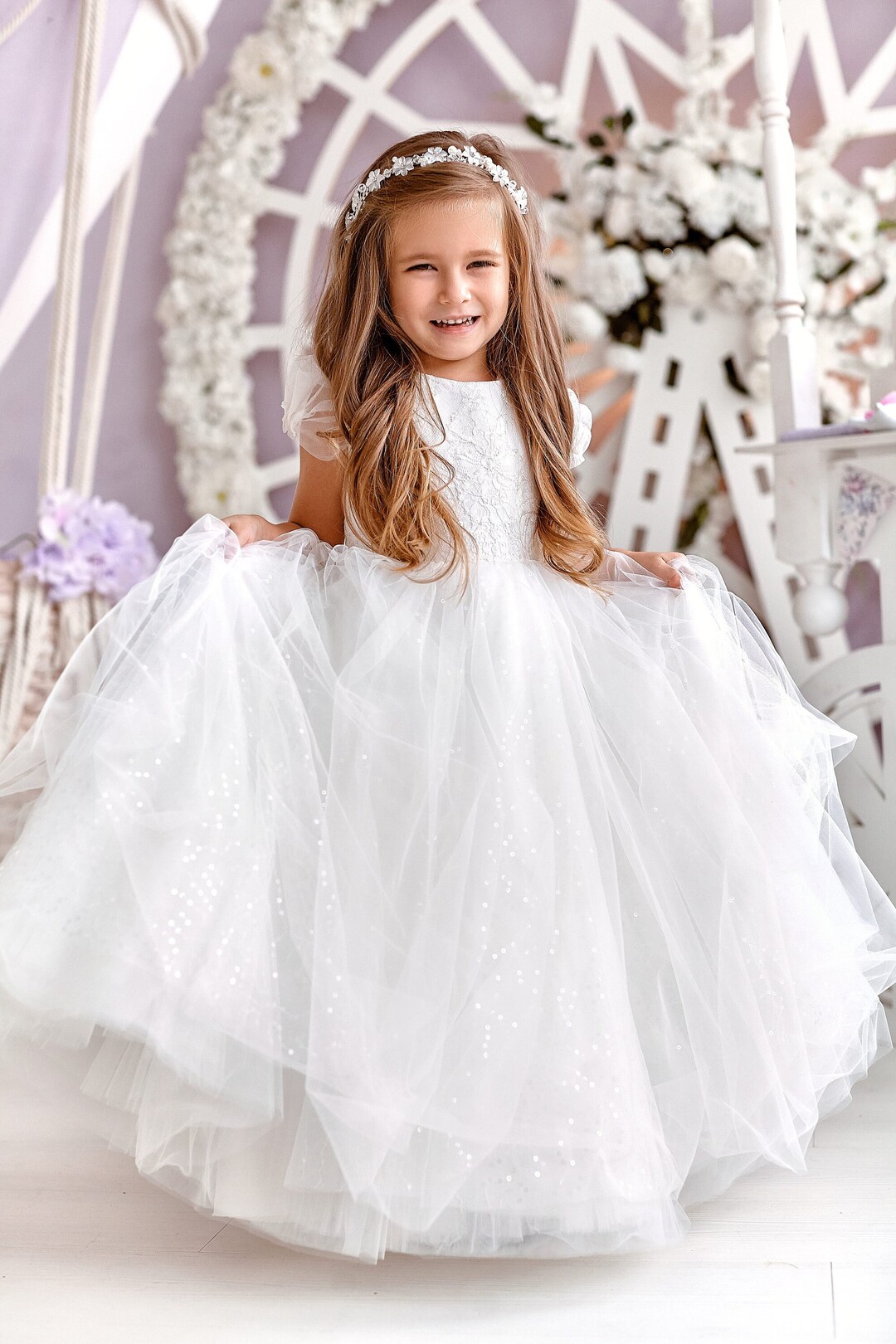 White Flower Girl Dress Tulle, Flower Girl Dress Lace, Flower Girl ...