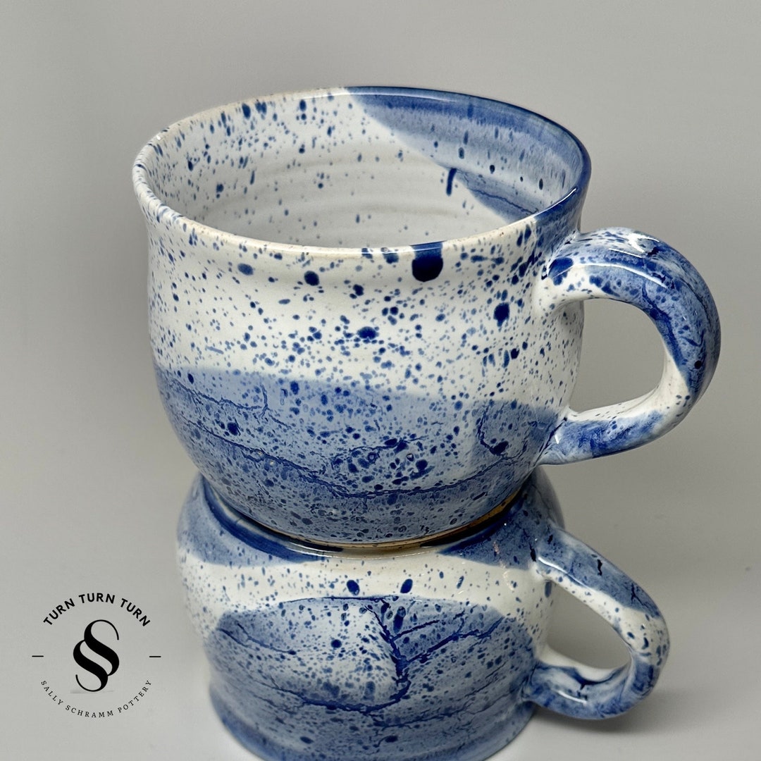 Pottery Chowder Bowl / 24 Oz Blue &white Splatter Crackle Soup Mugs ...
