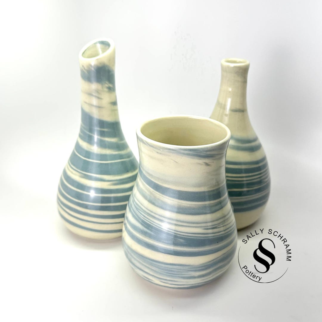 Pottery Vases / Blue Swirled Clay Vases / Sally Schramm Pottery - Etsy