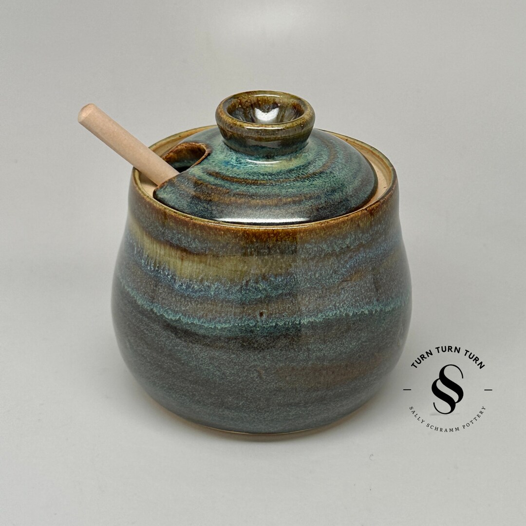 Pottery Honey Pot / Rustic Blue Honey Pot / Sally Schramm Pottery - Etsy