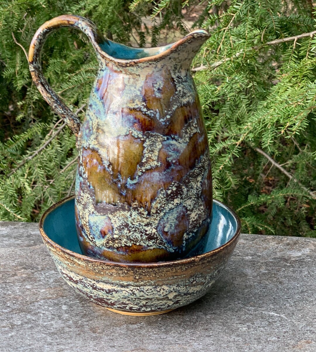 Pottery Pitcher and Bowl / Rustic Blue & Brown 8-inch Pitcher and 6 1/2 ...