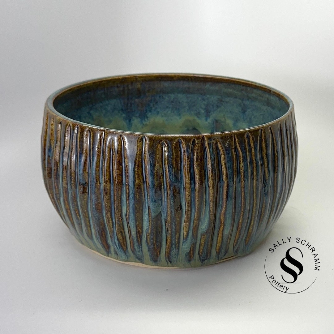 Pottery Planter or Cachepot / 8 X 4 1/2 Inch Shimmering Teal Ridge Pot ...