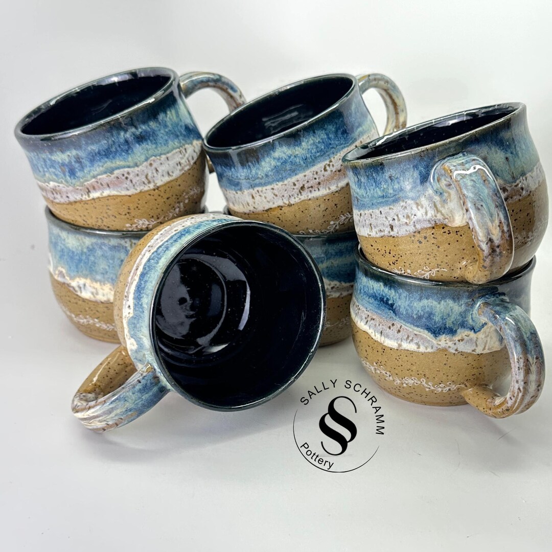 Handmade Pottery Mug: Honey Blue Glaze, Leaf Vine Detail - Etsy