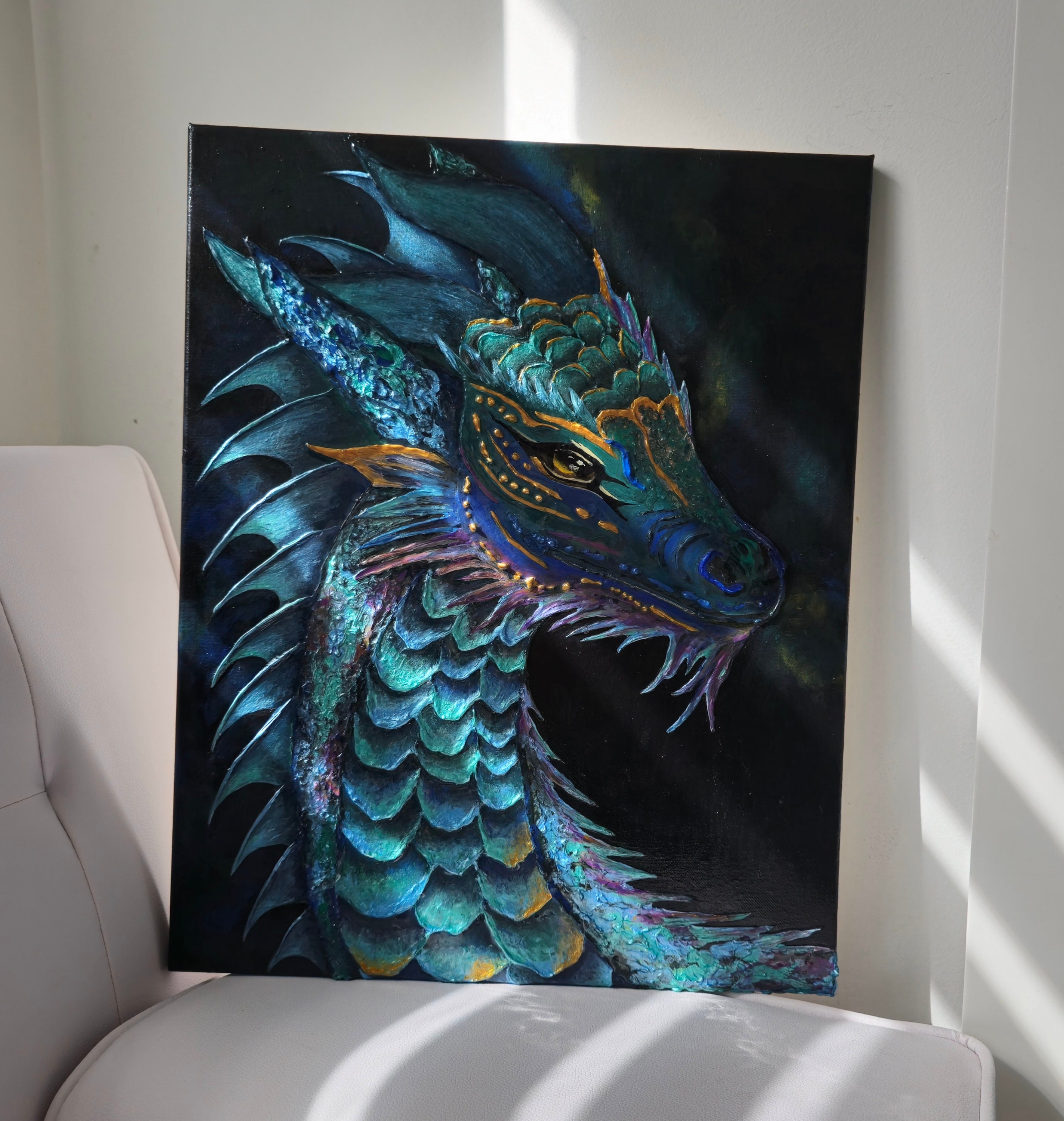 Dragon Painting on Canvas Colorful Dragon on Stretched Canvas Handmade ...