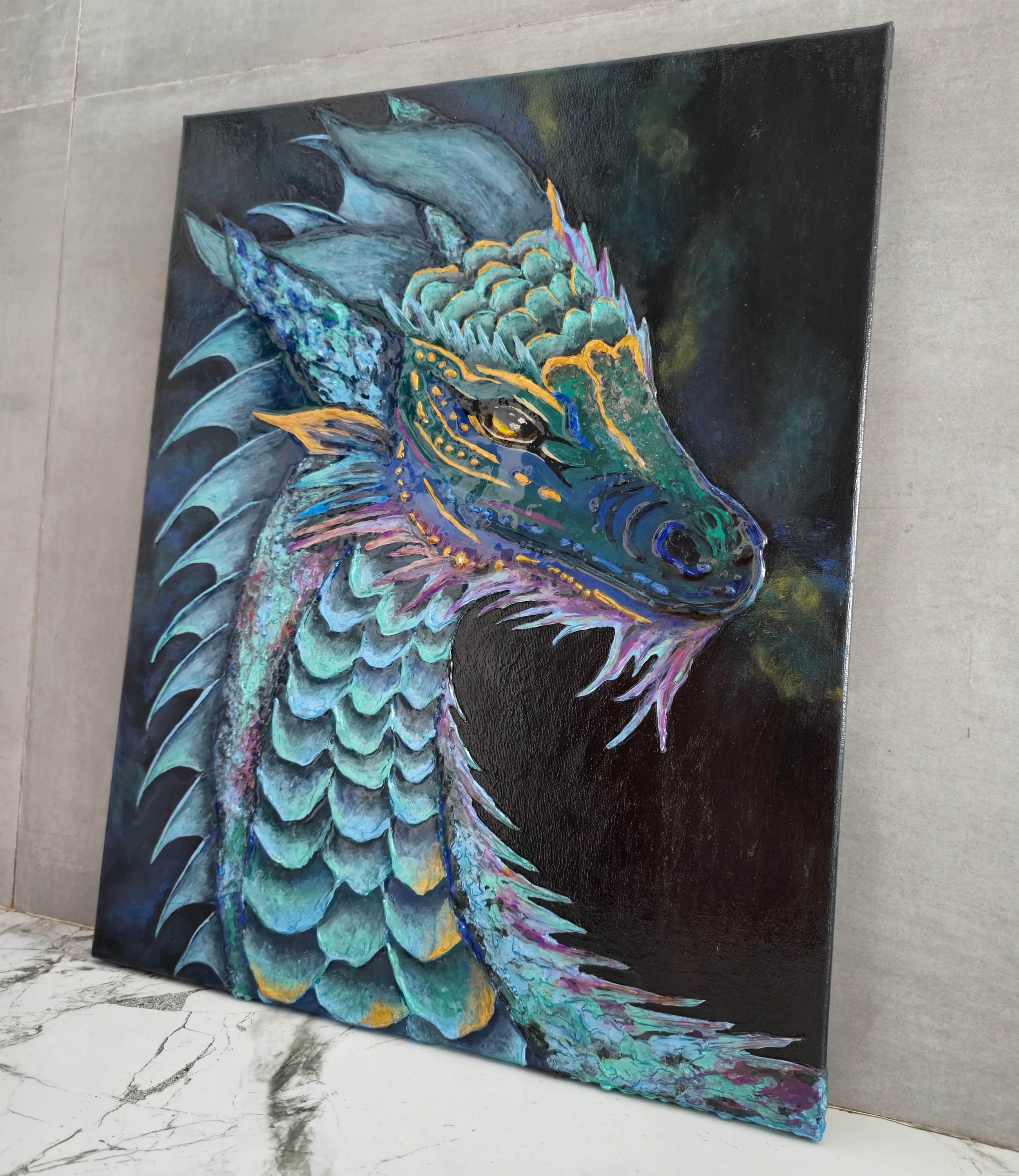 Dragon Painting on Canvas Colorful Dragon on Stretched Canvas Handmade ...