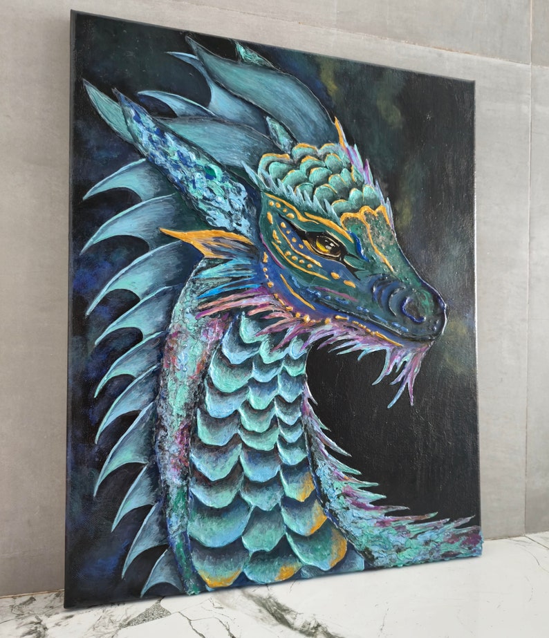 Dragon Painting on Canvas Colorful Dragon on Stretched Canvas Handmade ...