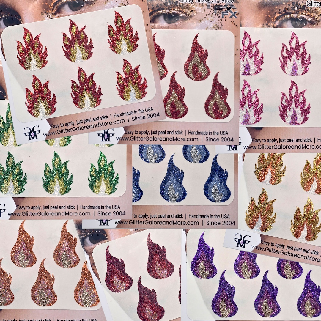 Flame Glitter Sticker Tattoo for Face and Body - Multicolor Fire ...